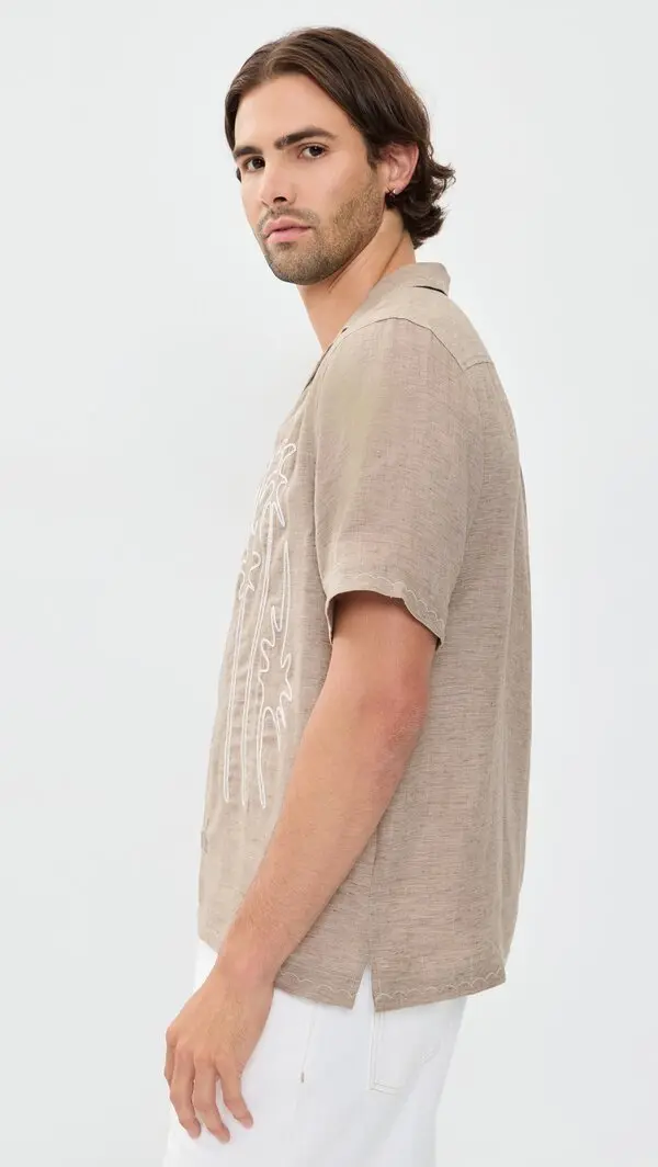 Frescobol Carioca Alves Palm Embroidered Linen Shirt