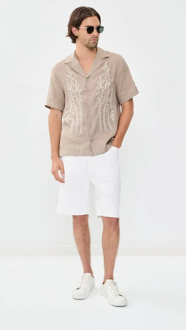Frescobol Carioca Alves Palm Embroidered Linen Shirt