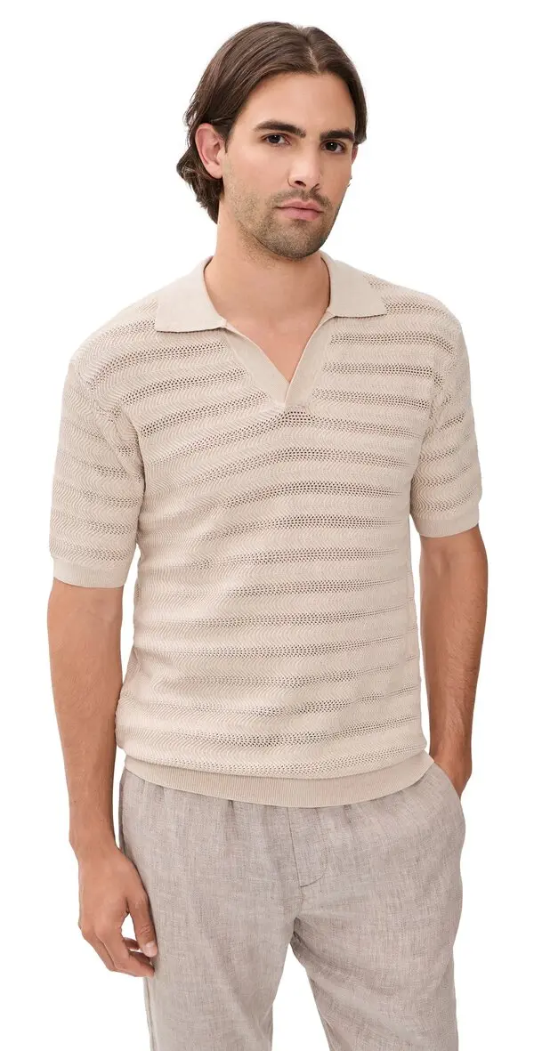 Frescobol Carioca Rino Cotton Jacquard Wave Knit Polo - Sand