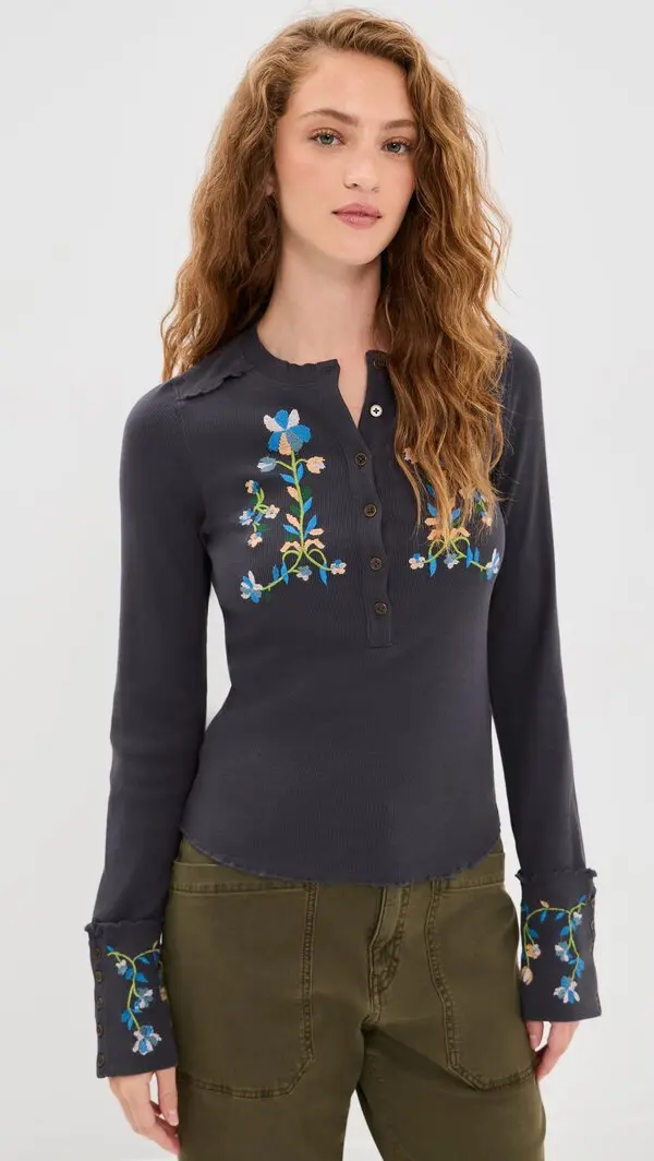Free People Fleur Embroidered Tee