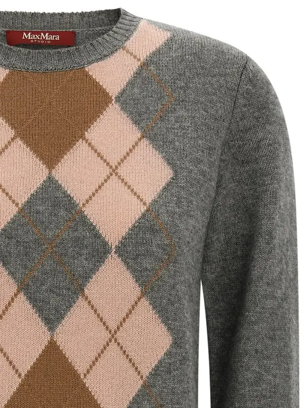Max Mara Argyle Intarsia Knit Sweater - Light Grey
