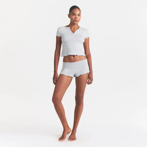 SKIMS Sleep Henley And Foldover Short Set | Grey - Light Heather Grey
