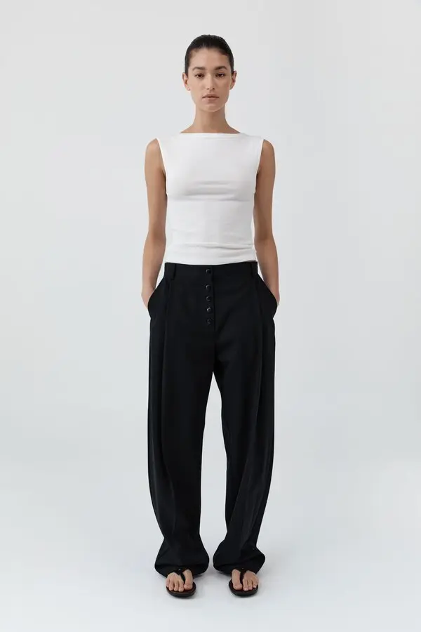 ST. AGNI Wool Button Front Pleat Pants - Black
