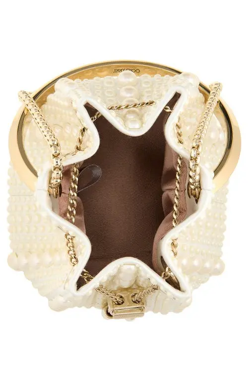 JIMMY CHOO Micro Bon Bon Faux Pearl Embellished Satin Top Handle Pouch