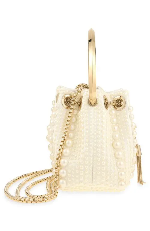 JIMMY CHOO Micro Bon Bon Faux Pearl Embellished Satin Top Handle Pouch