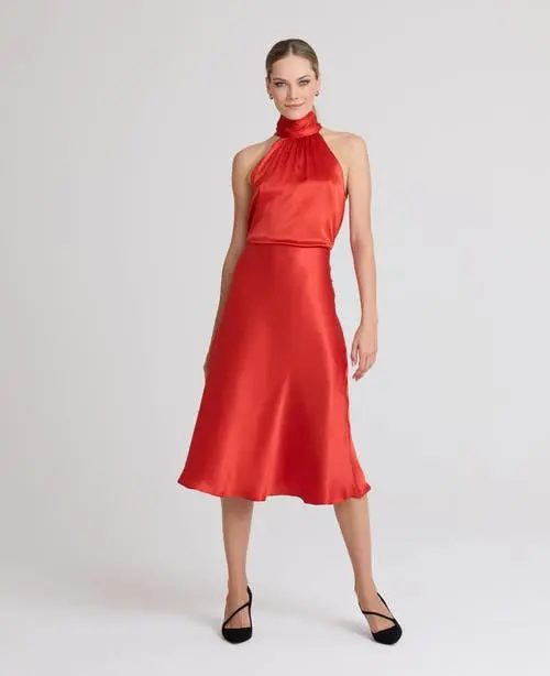 REALLY WILD CLOTHING Beatrice Silk Satin Midi Slip Skirt - Red