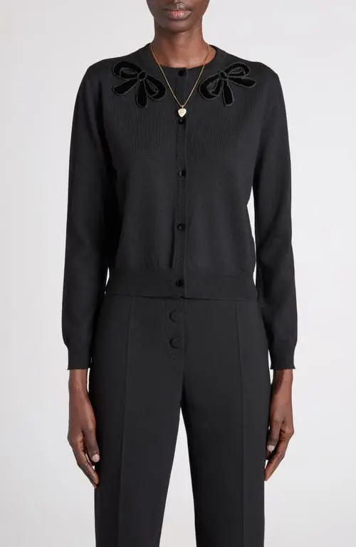 Valentino Garavani Embroidered Bow Appliqué Virgin Wool Cardigan - Black