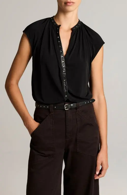 Vince Studded Split Neck Jersey Top - Black