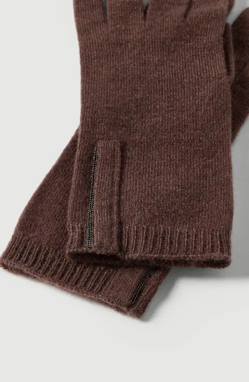 Brunello Cucinelli Cashmere Knit Gloves With Monili Embellishment - Brown