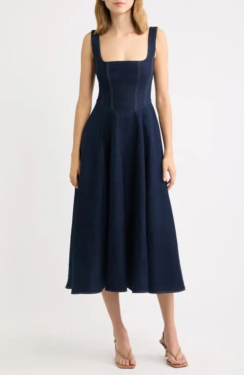 Oddmuse Square Neck Denim Midi Dress - Dark Blue