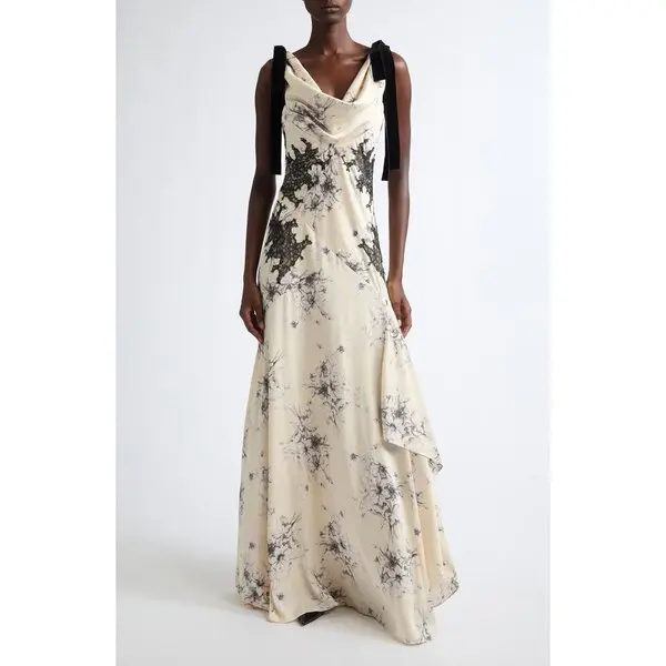 Cinq À Sept Hand-sketched Floral Lace Inset Gown - Gardenia/black