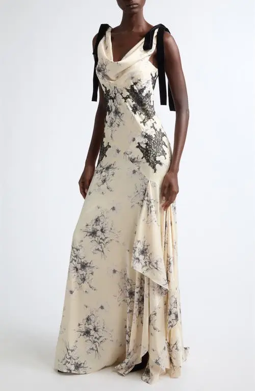 Cinq À Sept Hand-sketched Floral Lace Inset Gown