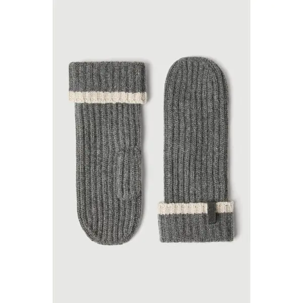 Brunello Cucinelli Cashmere Ribbed Mittens With Monili Detail - Lead