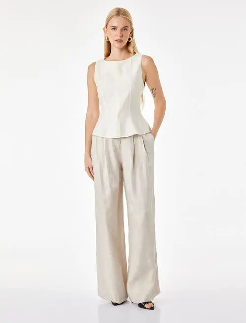 Koton Linen Blend Straight Wide Leg Pants - Beige