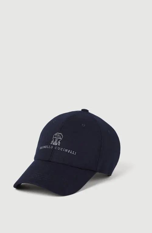 Brunello Cucinelli Virgin Wool Flannel Baseball Cap With Embroidered Logo - Navy Blue