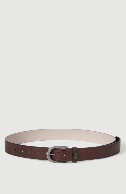Brunello Cucinelli Glossy Hammered Calfskin Belt With Monili - Light Grey