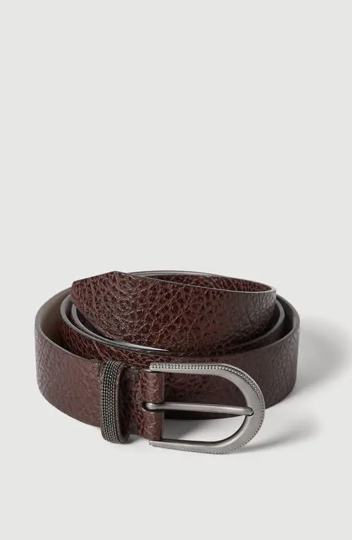 Brunello Cucinelli Glossy Hammered Calfskin Belt With Monili - Light Grey