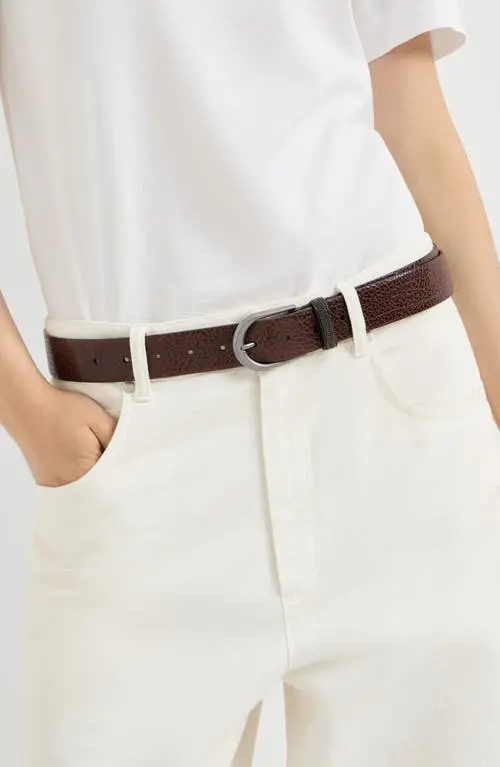 Brunello Cucinelli Glossy Hammered Calfskin Belt With Monili - Light Grey