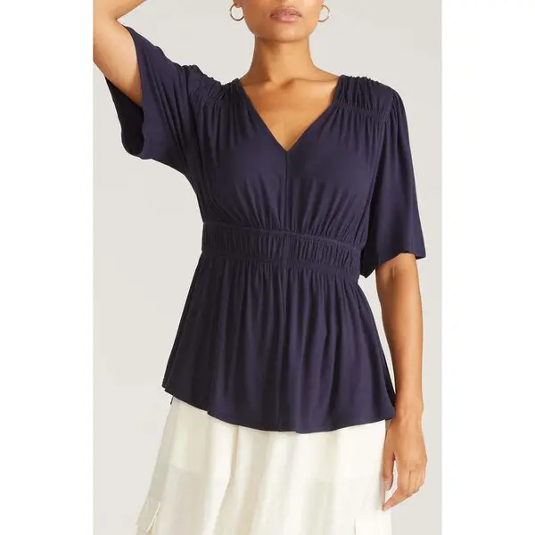 Universal Standard Liquid Jersey Peplum Top With V-neck And Elbow-length Sleeves - Midnight