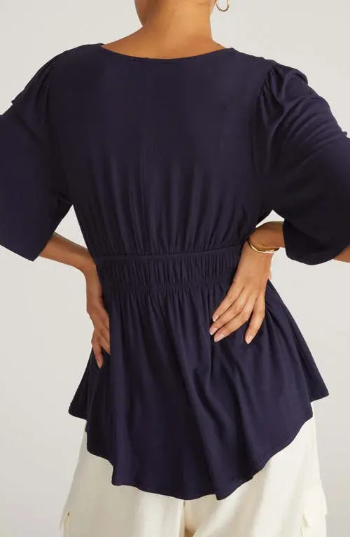 Universal Standard Liquid Jersey Peplum Top With V-neck And Elbow-length Sleeves - Midnight