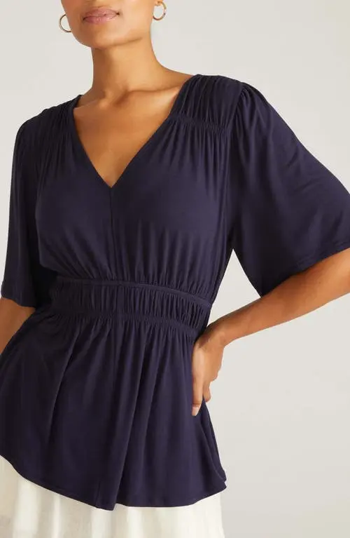 Universal Standard Liquid Jersey Peplum Top With V-neck And Elbow-length Sleeves - Midnight