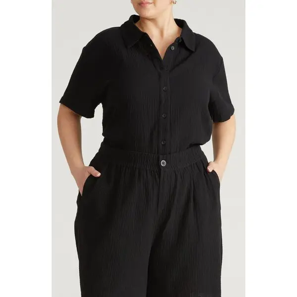 Universal Standard Toni High-low Button-down Cotton Gauze Top - Black