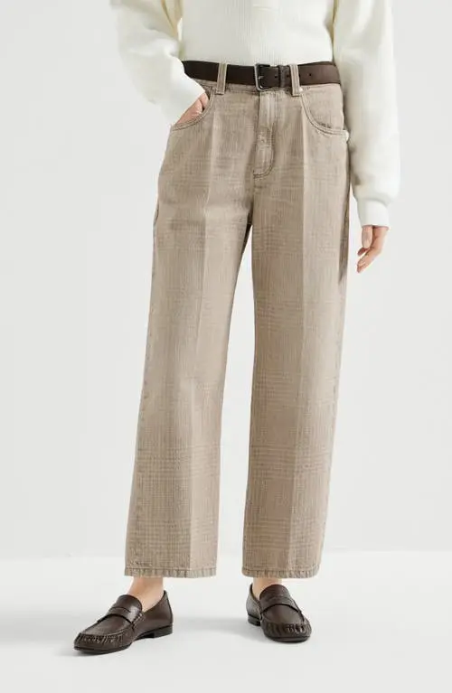 Brunello Cucinelli Prince Of Wales Denim Contemporary Square Trousers With Monili - Sand