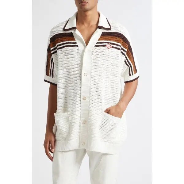 Casablanca Tennis Stripe Short Sleeve Crochet Button-up Shirt - Cotton