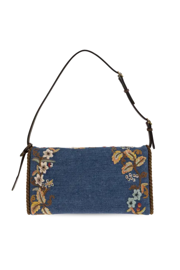 Valentino Garavani Embroidered Denim Clutch With Gold Tone Clasp
