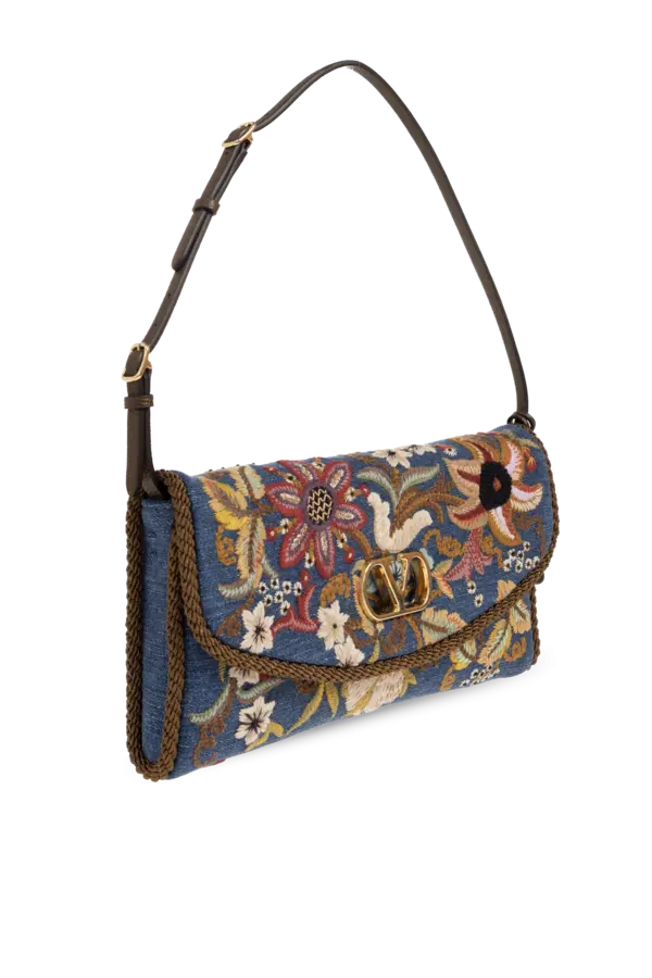 Valentino Garavani Embroidered Denim Clutch With Gold Tone Clasp