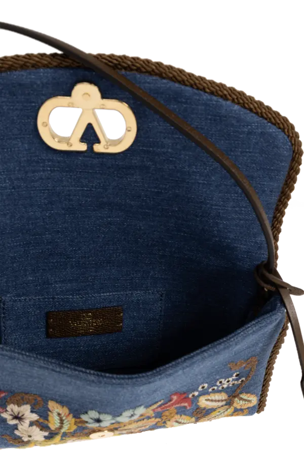 Valentino Garavani Embroidered Denim Clutch With Gold Tone Clasp