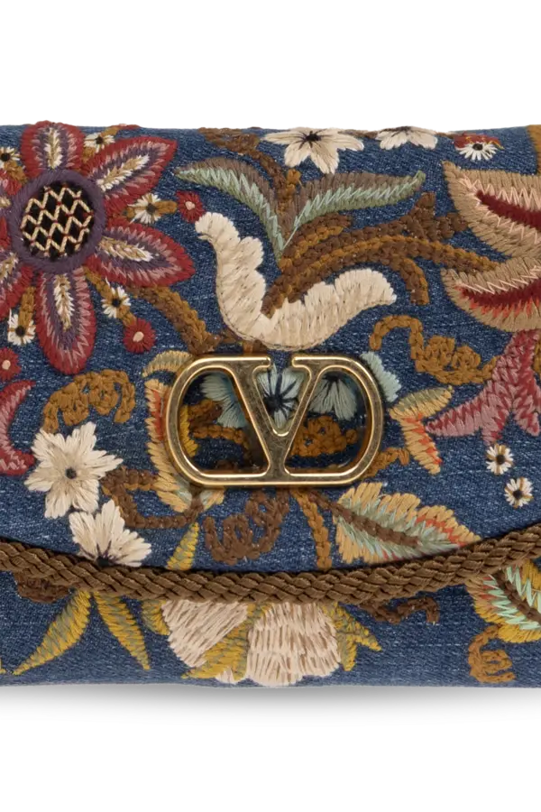 Valentino Garavani Embroidered Denim Clutch With Gold Tone Clasp