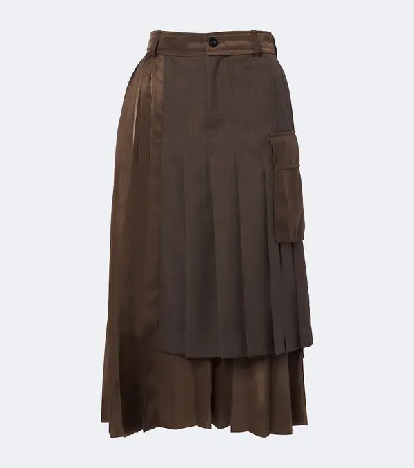Sacai Layered Pleated Midi Skirt - Brown