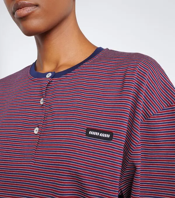 Miu Miu Striped Cotton Jersey Henley Shirt - Burgundy