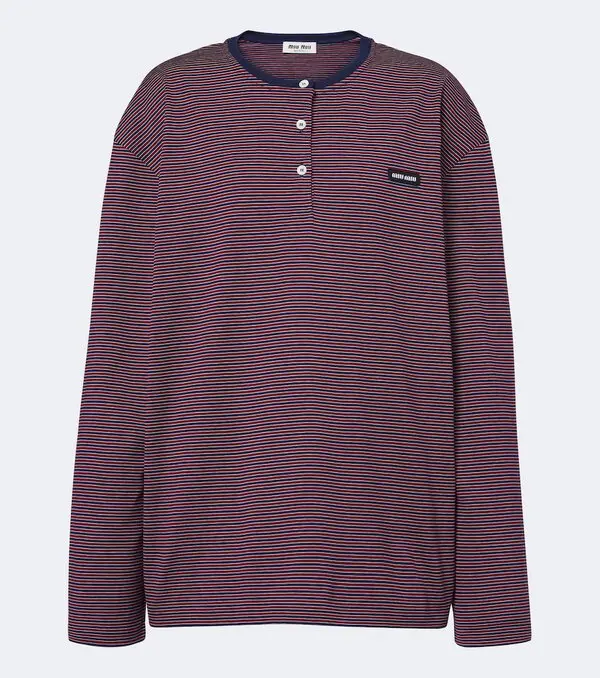 Miu Miu Striped Cotton Jersey Henley Shirt - Burgundy