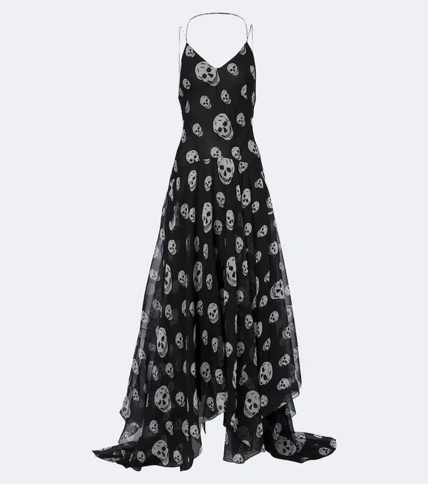 Alexander McQueen Skull Print Silk Chiffon Maxi Dress - Black