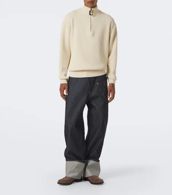 JW Anderson Ribbed-knit Wool And Cotton Sweater With Quarter Zip - Beige