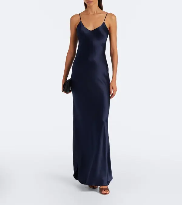 NILI LOTAN Silk Satin Maxi Slip Dress - Blue