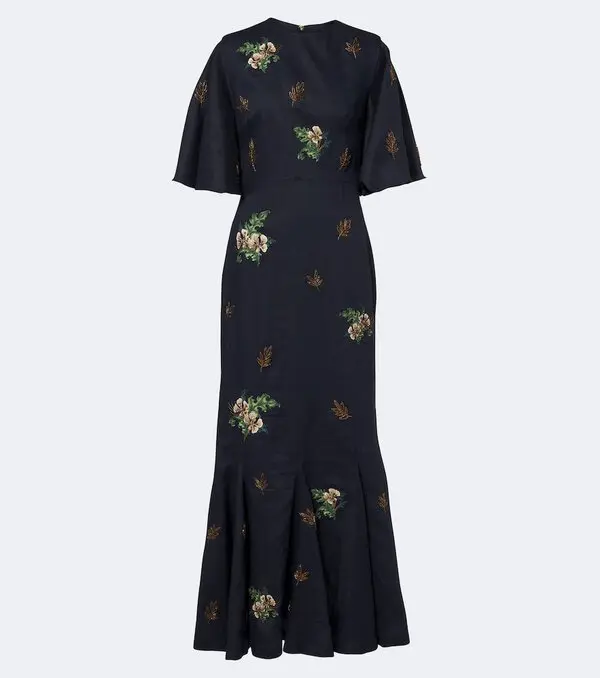 Agua Bendita Ave Anhelo Floral Linen Maxi Dress - Blue