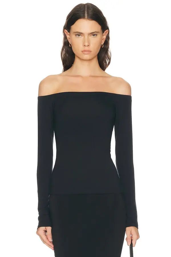SKIMS Smooth Layers Long Sleeve Off The Shoulder Top In Black