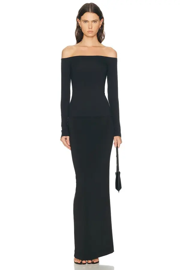 SKIMS Smooth Layers Long Sleeve Off The Shoulder Top In Black