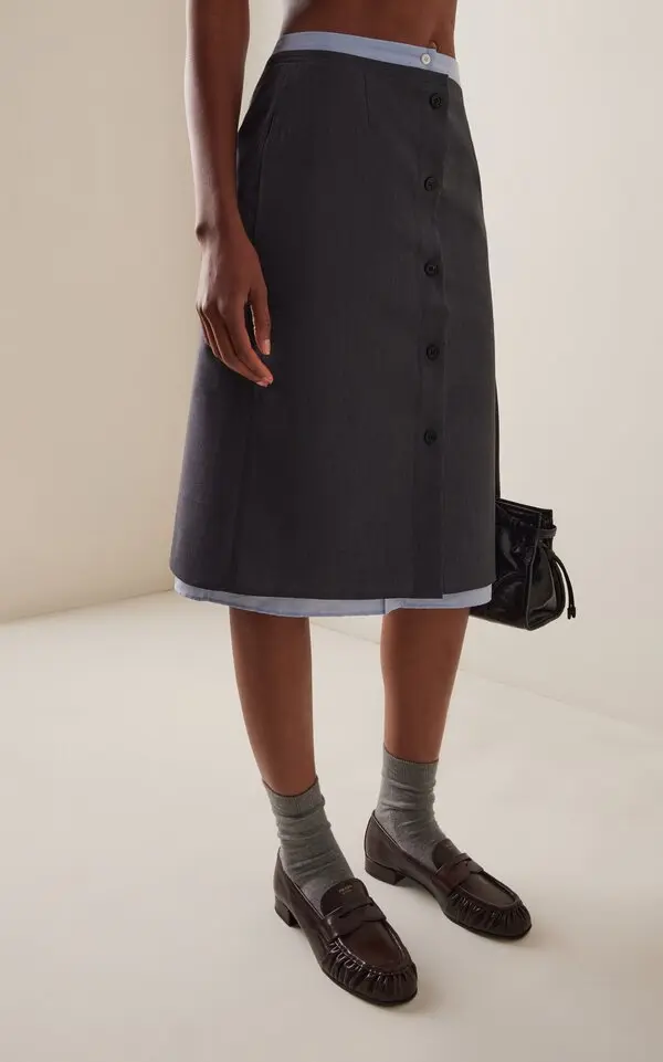 Prada Layered Poplin And Wool Midi Skirt