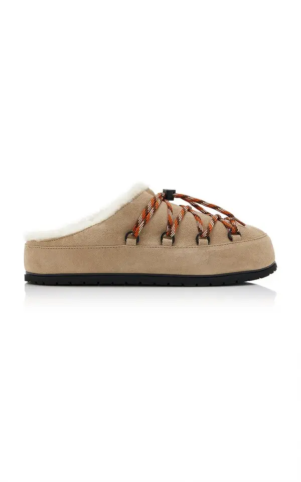 Prada Shearling-lined Suede Slip-on Mules With Hiking Laces - Taupe