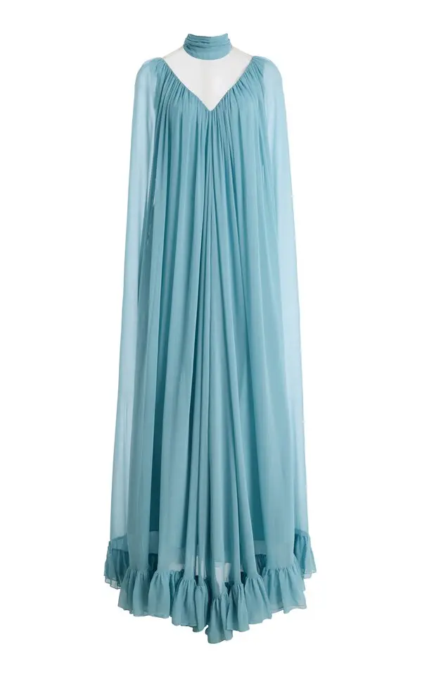 RODARTE Pleated Cape Chiffon Gown - Blue