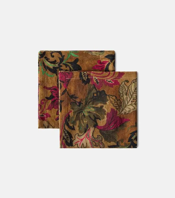 THE HOUSE OF LYRIA Tigide Set Of 2 Floral Linen Napkins - Brown