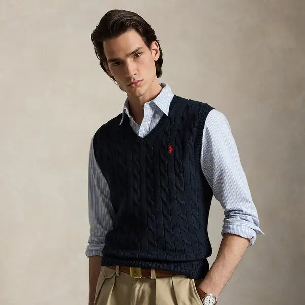 Ralph Lauren Cable-knit Cotton V-neck Sweater Vest With Embroidered Pony - Hunter Navy