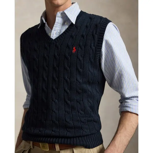 Ralph Lauren Cable-knit Cotton V-neck Sweater Vest With Embroidered Pony - Hunter Navy