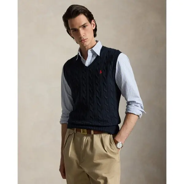 Ralph Lauren Cable-knit Cotton V-neck Sweater Vest With Embroidered Pony - Hunter Navy