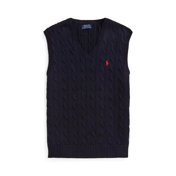 Ralph Lauren Cable-knit Cotton V-neck Sweater Vest With Embroidered Pony - Hunter Navy