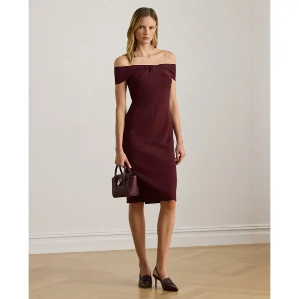 Ralph Lauren Twist-front Off-the-shoulder Crepe Sheath Dress - Dark Garnet
